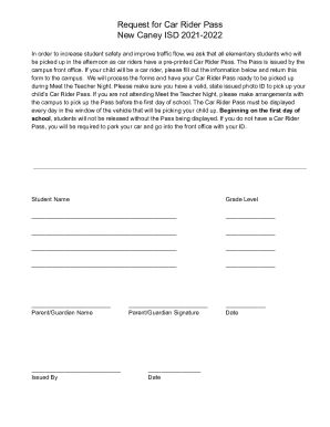 Completable En línea Car Rider Pass Form Fax Email Imprimir - pdfFiller