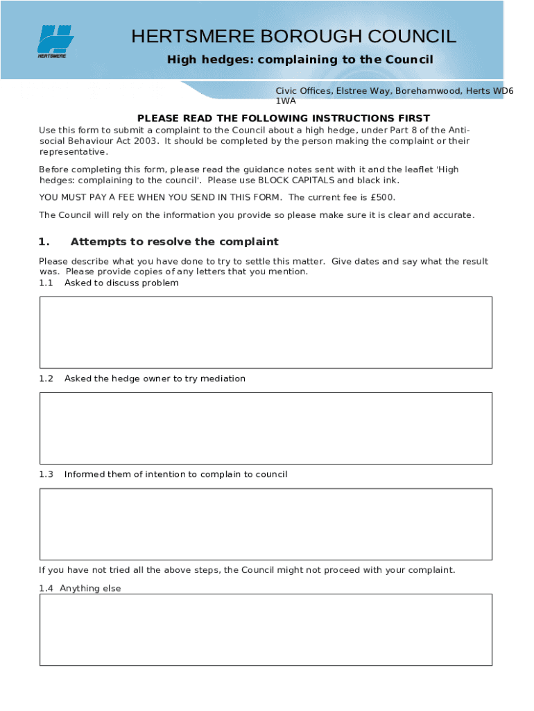 High Hedges Complaints . High Hedges Complaints Doc Template | pdfFiller