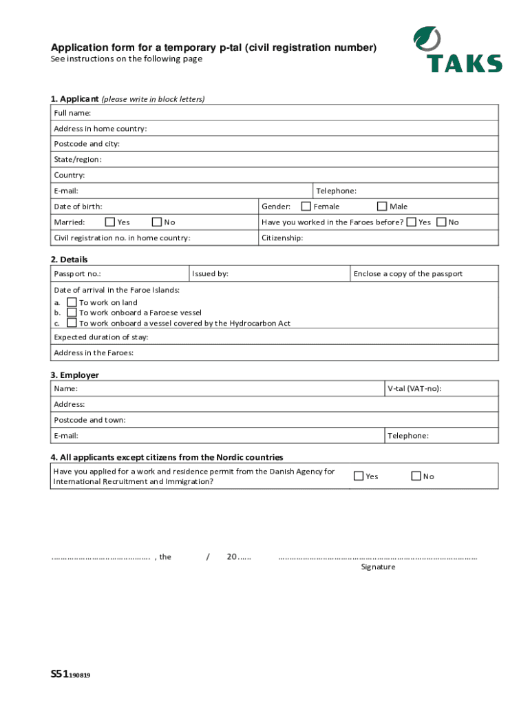 Fillable Online Application form for a temporary p-tal (civil ...