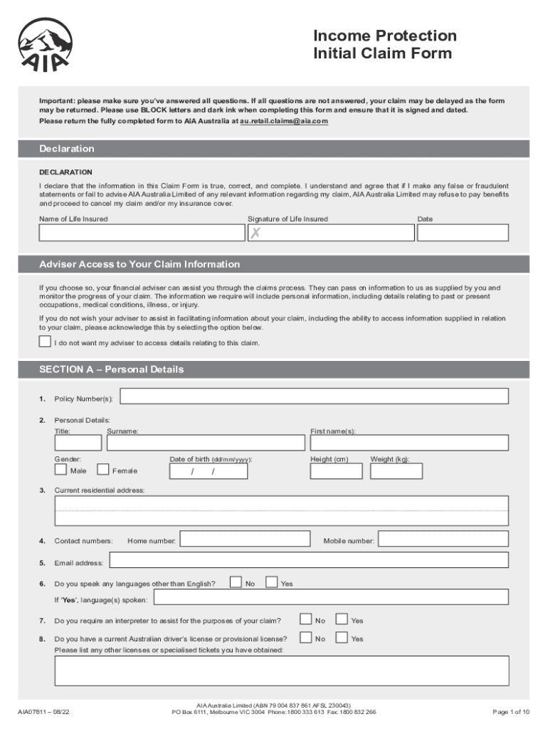 Fillable Online Income Protection Initial Claim. Claim form for Income ...