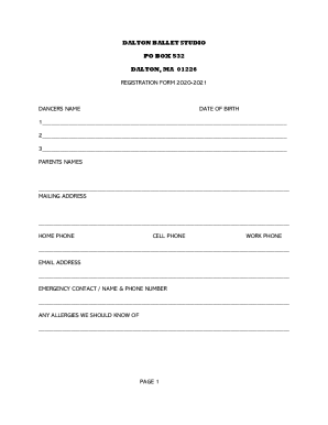 Fillable Online REGISTRATION FORM 2020-2021Dalton Ballet Studio Fax Email Print - pdfFiller