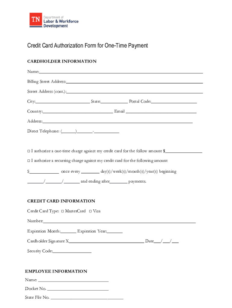 Fillable Online Credit Card Authorization Form for One-Time Payment Fax ...