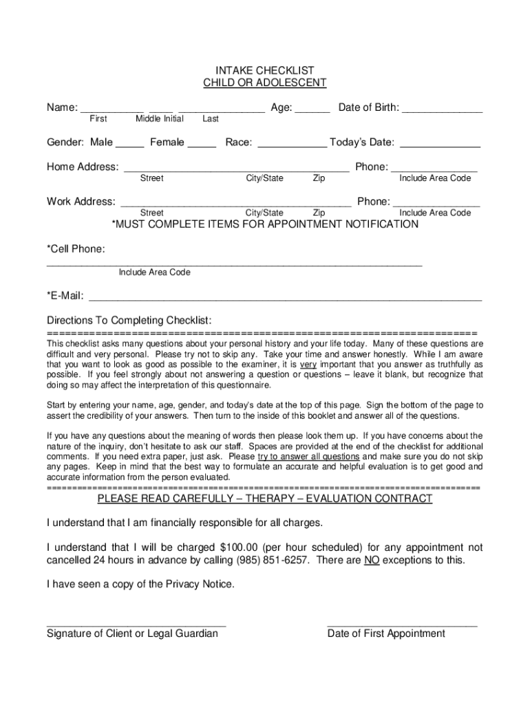 Fillable Online INTAKE INFORMATION Child/Adolescent Form Fax Email ...