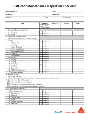 Fillable Online Fall Roof Maintenance Inspection Checklist Sika USA Fax ...