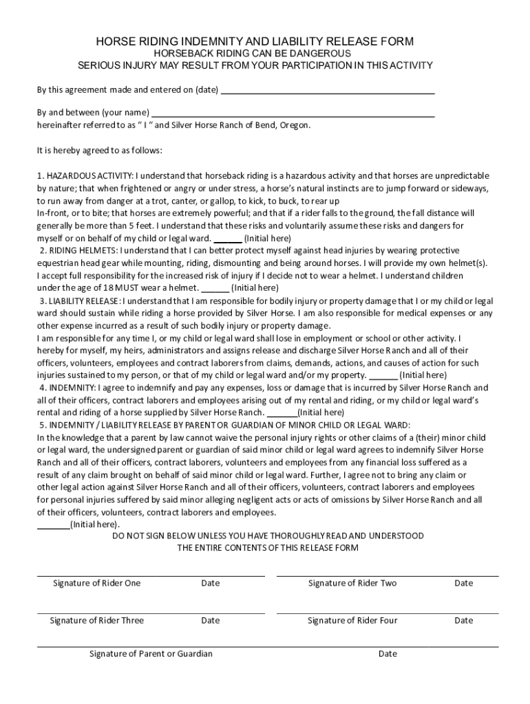 Fillable Online horse riding indemnity and liability release form Fax ...