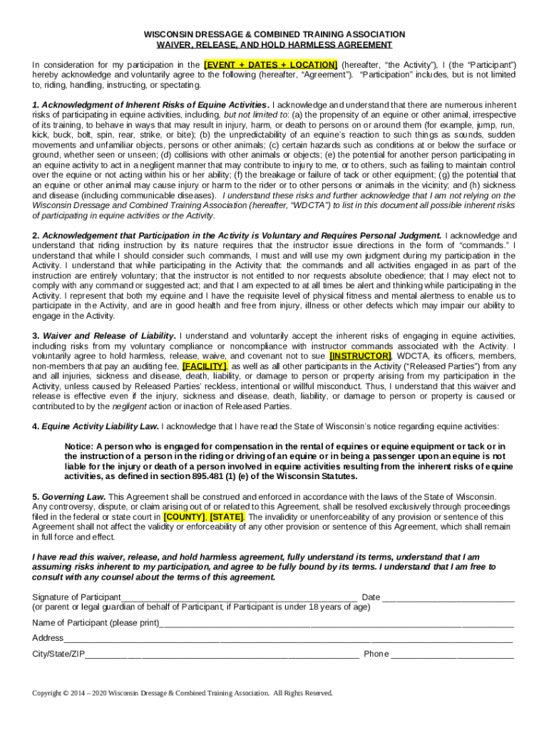 WDCTA Liability Waiver Doc Template | pdfFiller