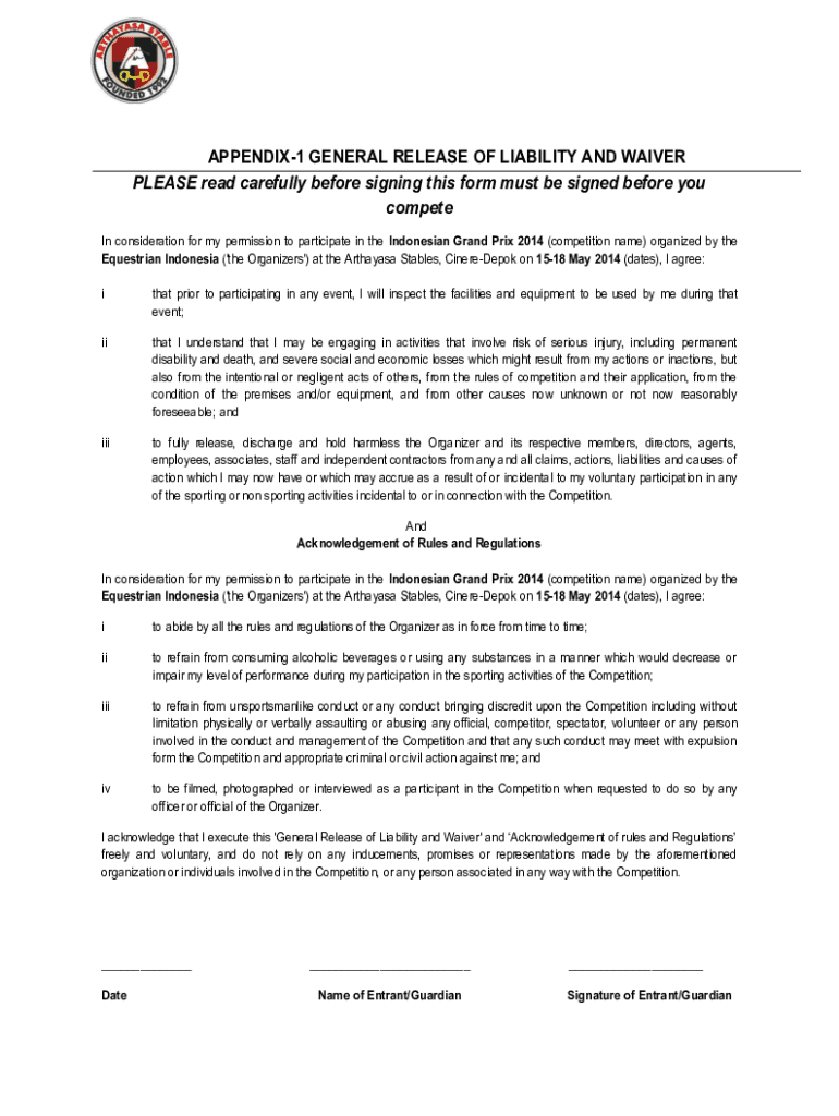 Fillable Online APPENDIX-1 GENERAL RELEASE OF LIABILITY AND WAIVER Fax ...