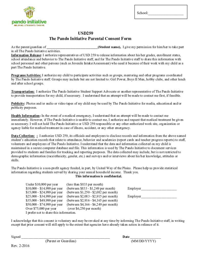 Fillable Online USD259 The Pando Initiative Parental Consent Form Fax ...