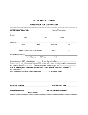 Fillable Online CITY OF BRISTOL, FLORIDA APPLICATION FOR EMPLOYMENT ...