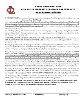 Fillable Online LCYB Minor Waiver and Release Form Fax Email Print ...