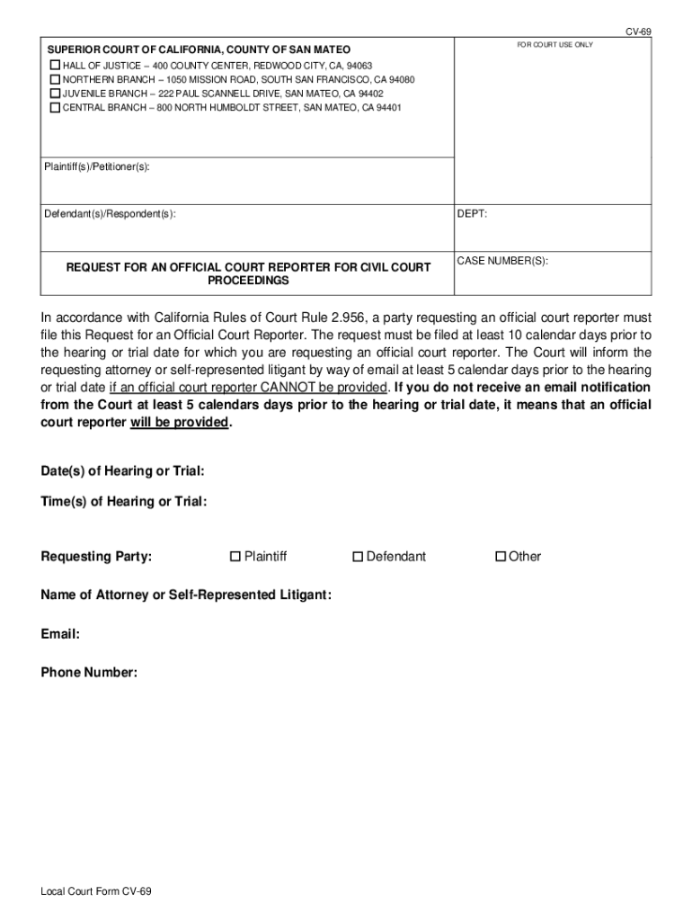 Fillable Online Local Form CV-69 - Request for an Official Court ...