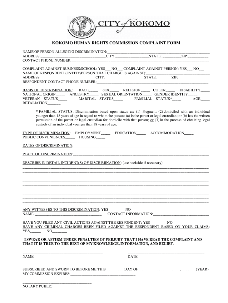 Fillable Online Human Relations Commission Discrimination Complaint ...