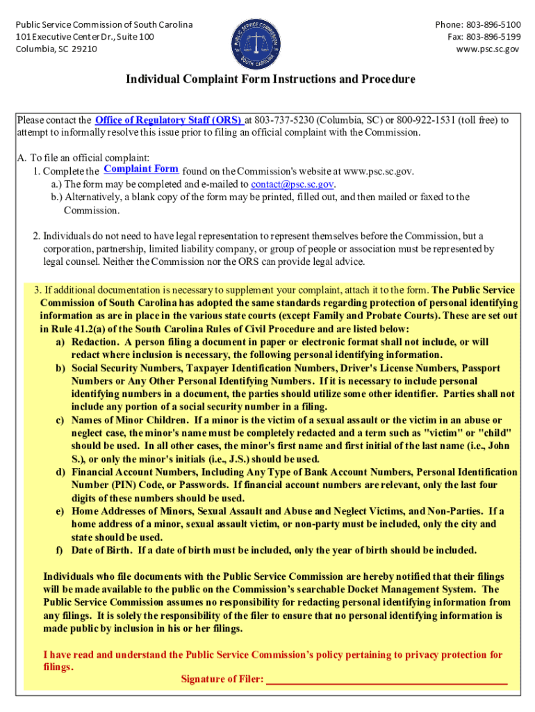 Fillable Online psc sc File a Complaint - Public Service Commission of ...