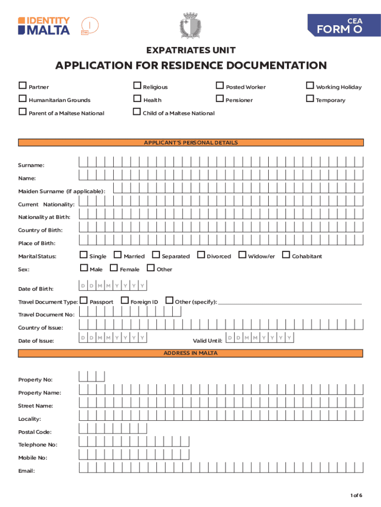 Fillable Online FORM O APPLICATION FOR RESIDENCE DOCUMENTATION ... Fax ...