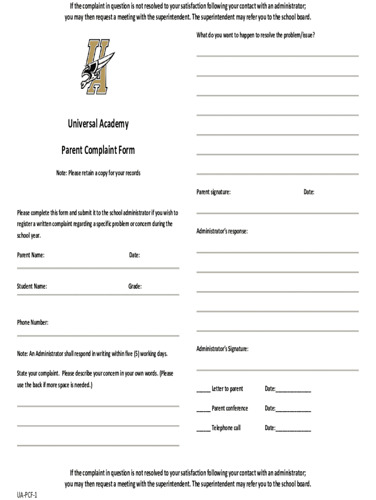 Fillable Online Universal Academy Parent Complaint Form Fax Email Print ...