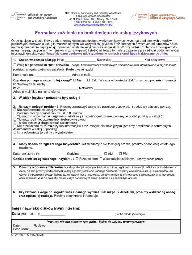 Fillable Online otda ny OTDA-4987-Language Access Complaint Form-Polish. Language complaint Fax ...