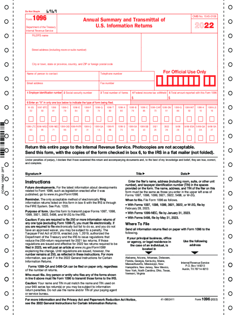 Fillable Online Form 1096 Misc .pdf - Do Not Staple Form 6969 1096 Omb ...