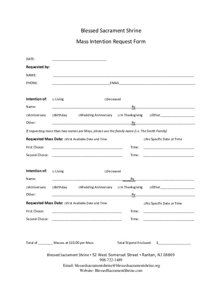 Fillable Online Blessed Sacrament Shrine Mass Intention Request Form ...