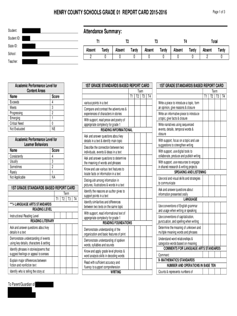 Fillable Online schoolwires henry k12 ga HENRY COUNTY SCHOOLS GRADE 01 REPORT CARD ... Fax Email ...