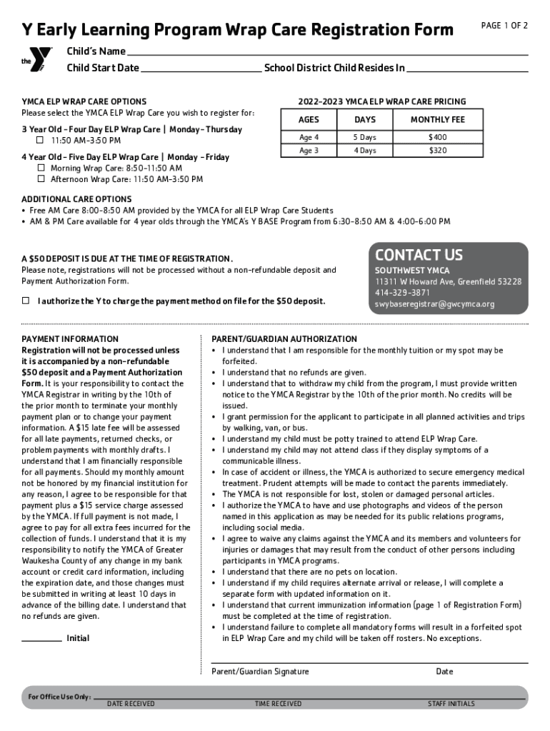 Fillable Online Y Early Learning Program Wrap Care Registration Form Fax Email Print - pdfFiller