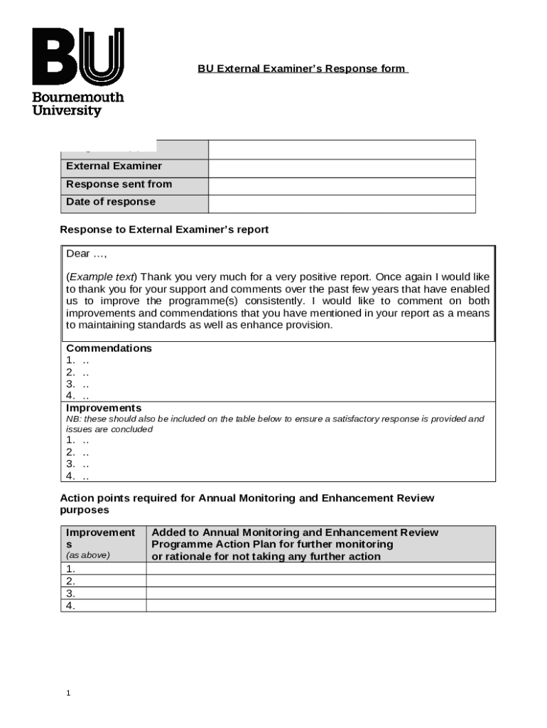 BU External Examiner's Response Doc Template | pdfFiller