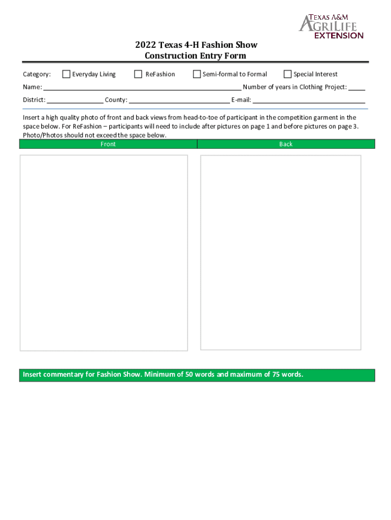 Fillable Online texas4-h tamu 2022 Texas 4-H Fashion Show Construction ...