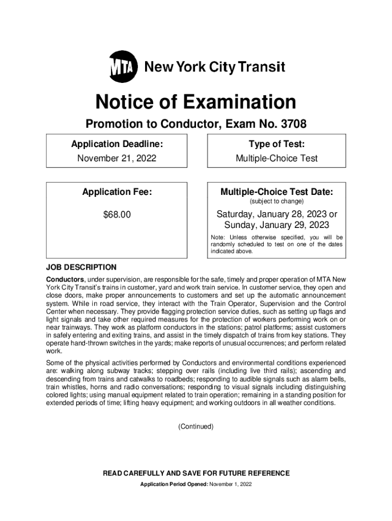 Fillable Online Notice of Examination - Promotion to Conductor, Exam No ...