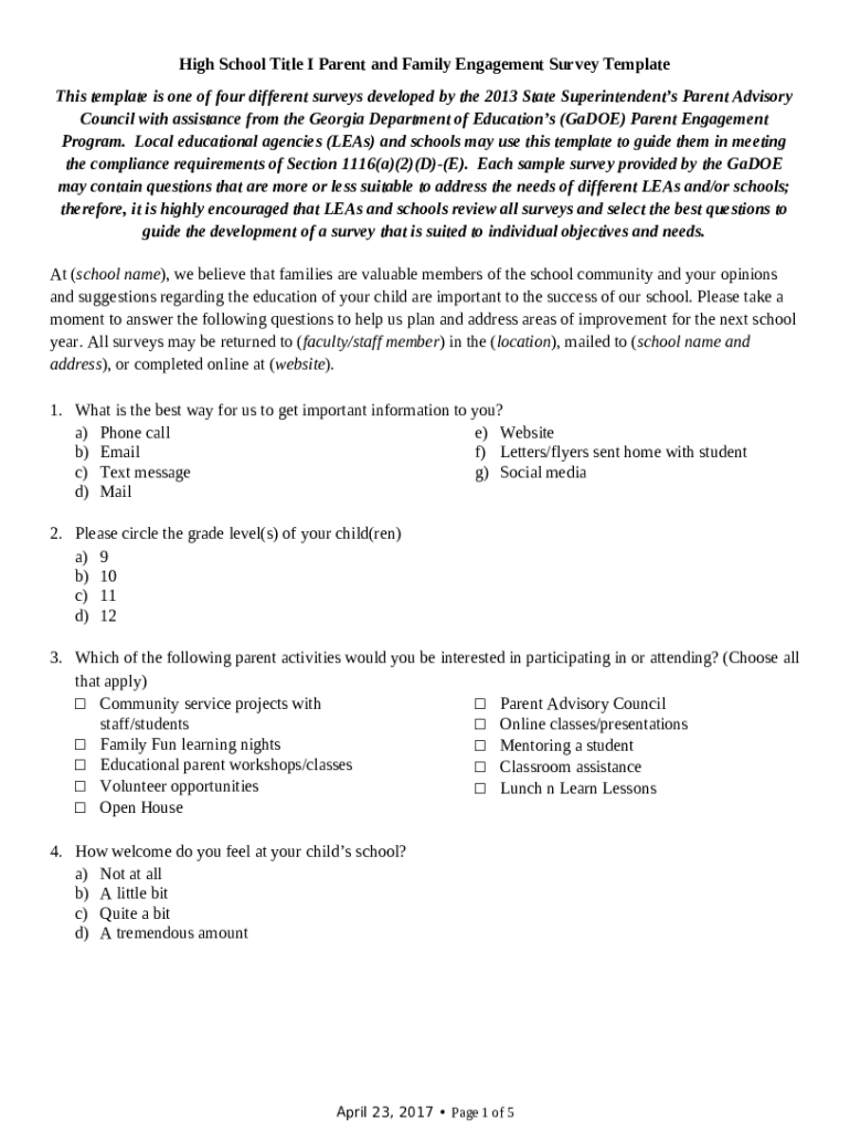 High School Title I Parent and Family Engagement Survey ... Doc ...
