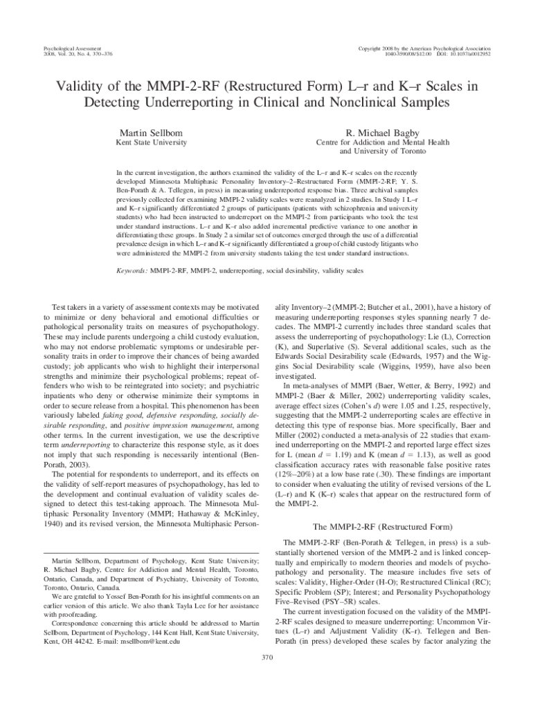 Fillable Online Validity of the MMPI-2-RF (Restructured Form) Lr and K ...