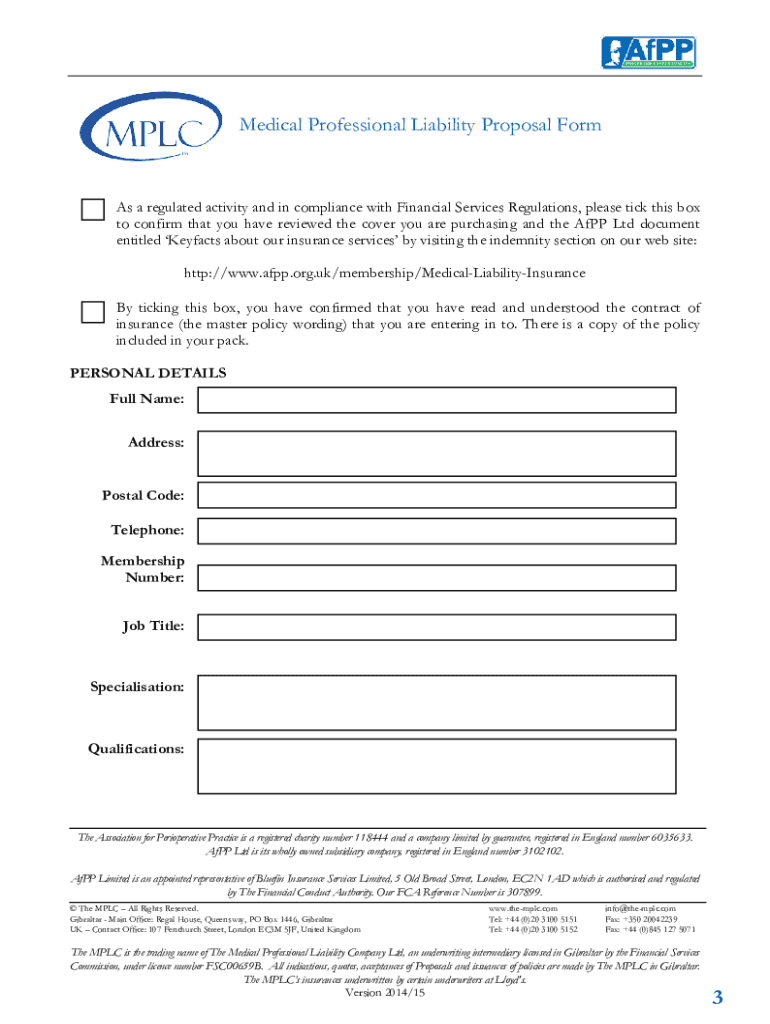 Fillable Online Medical Professional Liability Proposal Form Fax Email ...