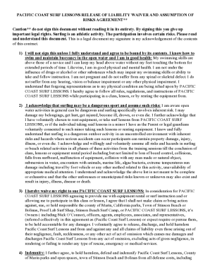 Fillable Online PACIFIC COAST SURF LESSONS RELEASE OF LIABILITY WAIVER ...