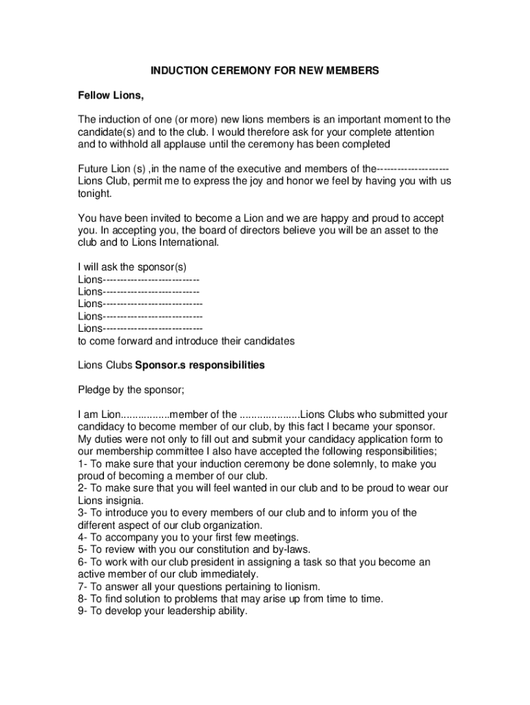 Fillable Online INDUCTION CEREMONY - SAMPLE SCRIPT - e-district.org Fax ...