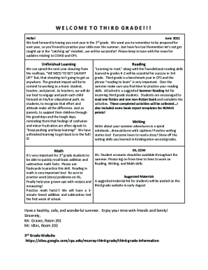 Fillable Online Dear Students and Parents, Welcome to third grade! We ...