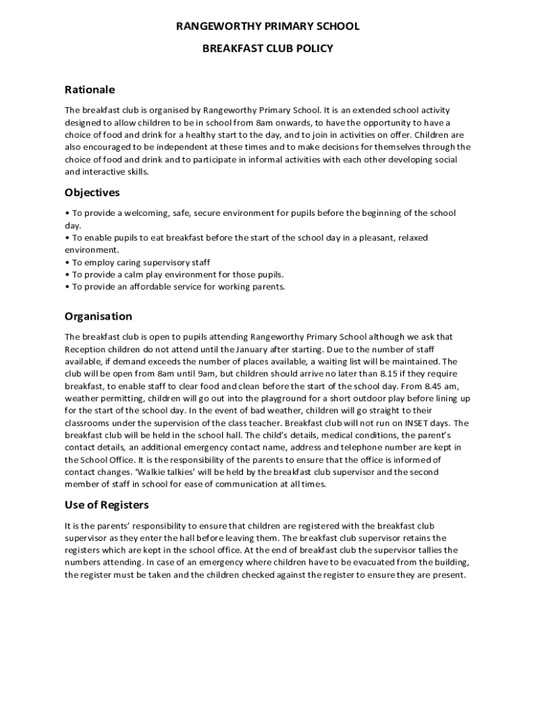 Fillable Online RANGEWORTHY PRIMARY SCHOOL BREAKFAST CLUB POLICY ...