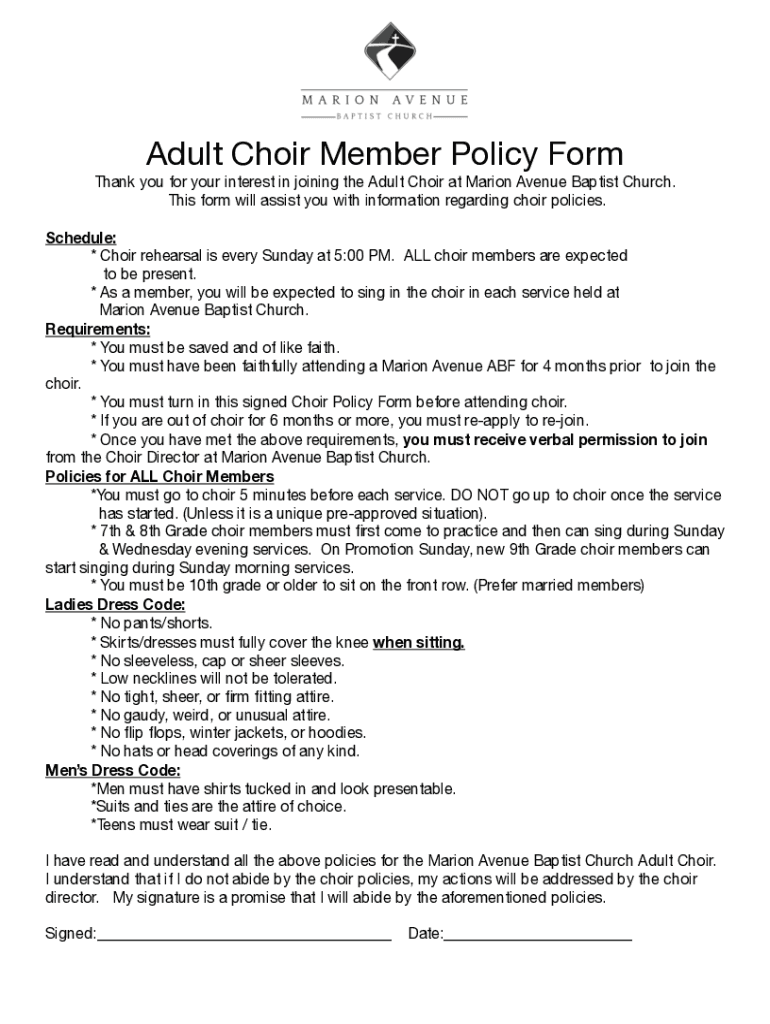 Fillable Online Adult Choir Member Policy Form Fax Email Print - pdfFiller