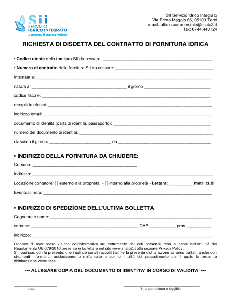 Compilabile Online RICHIESTA DI DISDETTA DEL CONTRATTO DI FORNITURA ...