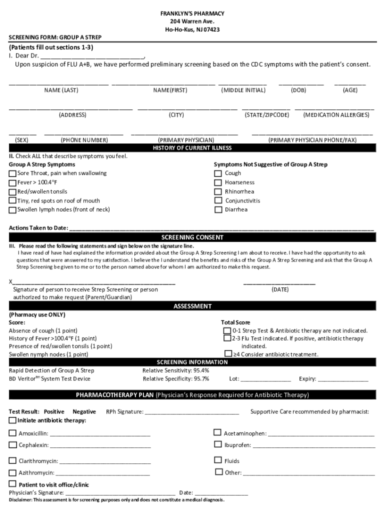 Fillable Online SCREENING FORM: GROUP A STREP Fax Email Print - pdfFiller