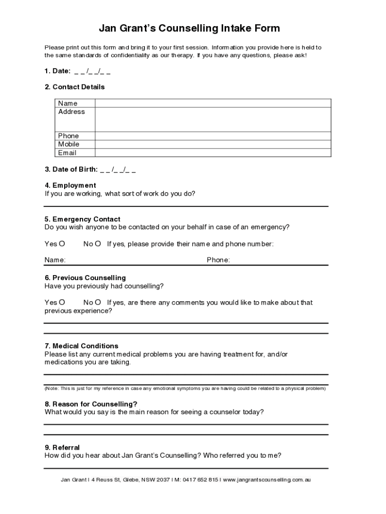 Fillable Online INTAKE FORM - Counseling Services Fax Email Print ...