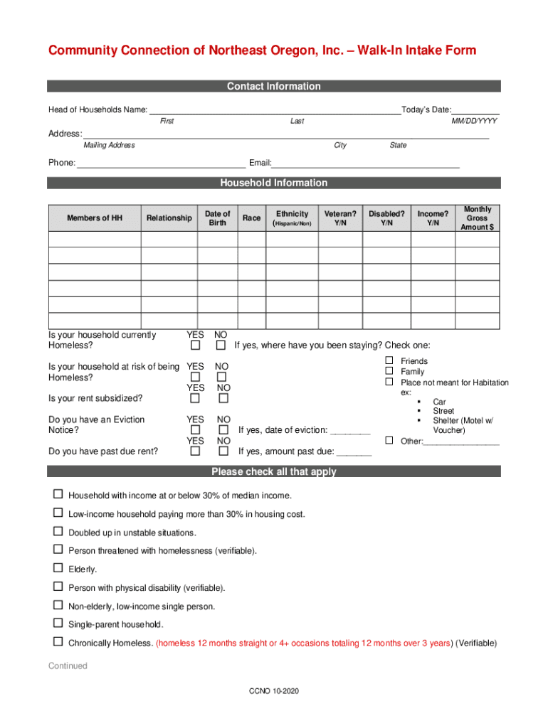 Fillable Online Community Connection of Northeast Oregon, Inc. Walk-In Intake ... Fax Email ...