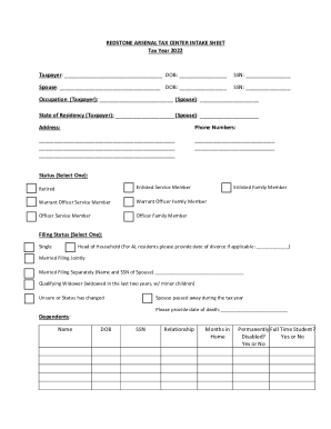 Fillable Online REDSTONE ARSENAL TAX CENTER INTAKE SHEET Tax Year ...