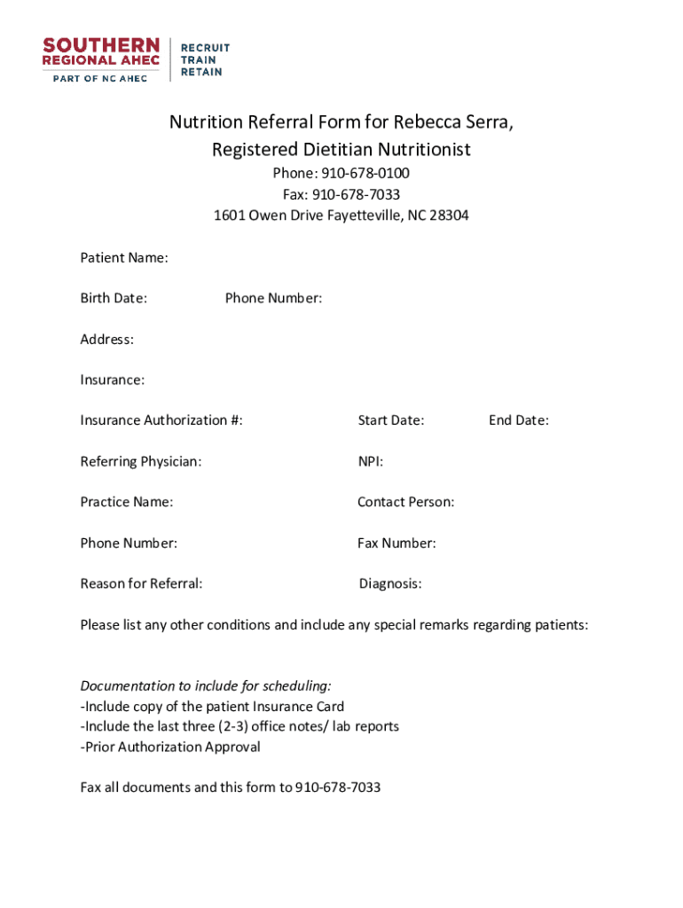 Fillable Online Nutrition Referral Form for Rebecca Serra, Registered ...