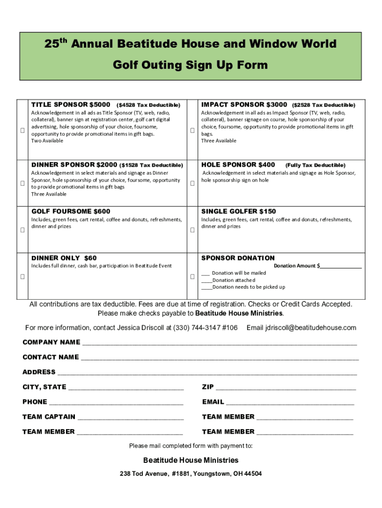 Fillable Online 25th Annual Beatitude House and Window World Golf ...