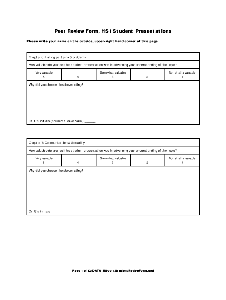 Fillable Online Peer Review Form, HS1 Student Presentations Fax Email Print - pdfFiller