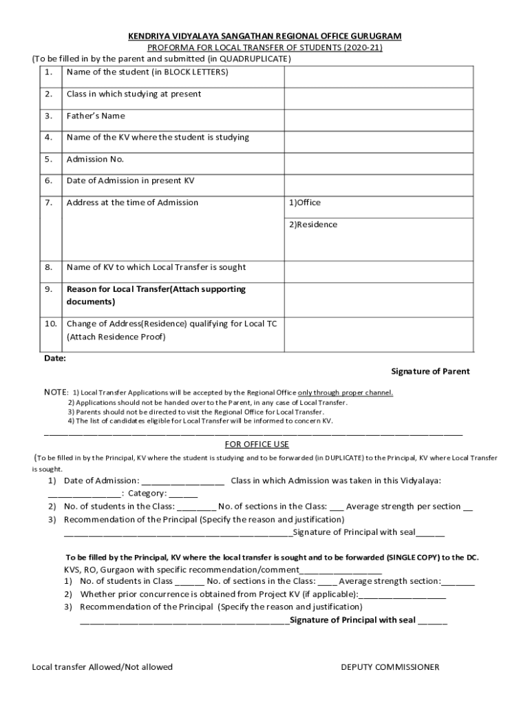 Fillable Online Admission with KV Transfer Certificate including Local ... Fax Email Print ...