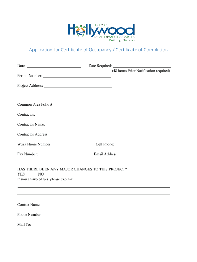 Fillable Online Application For Certificate Of Occupancy Or Completion Application For