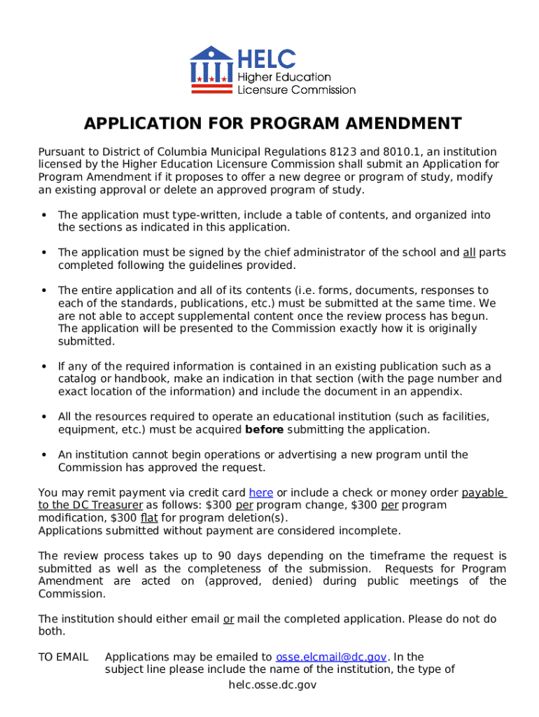 Request for Program Amendment - Washington, DC Doc Template | pdfFiller