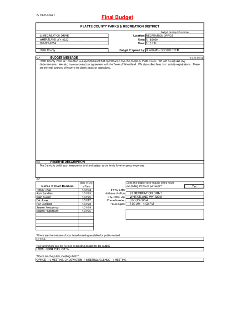 Fillable Online FY21 Final Budget - Platte County Wyoming Fax Email Print - pdfFiller