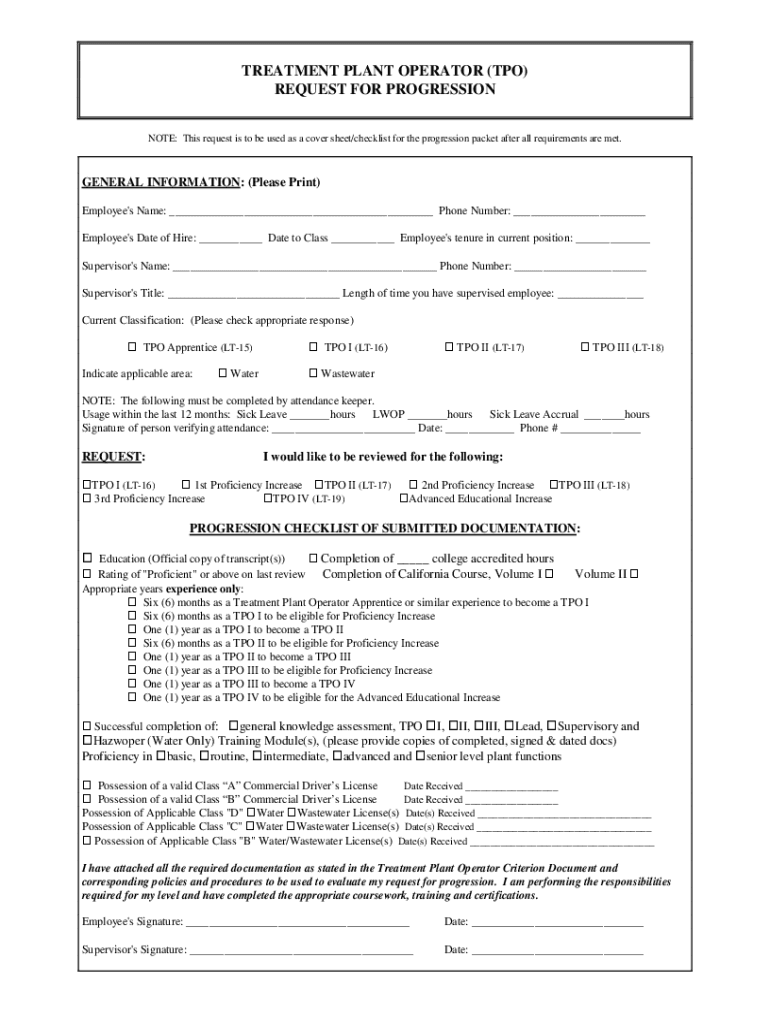Fillable Online treatment plant operator (tpo) request for progression ...