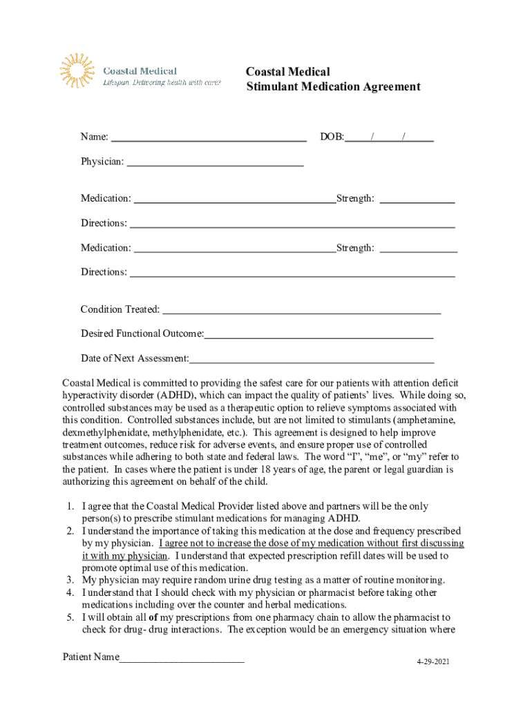 Fillable Online Pediatric Stimulant Medication Agreement - Coastal ...