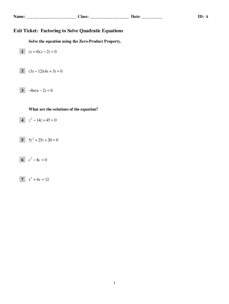 Fillable Online ExamView - 04 Exit Ticket (Factoring to Solve Quadratic ...